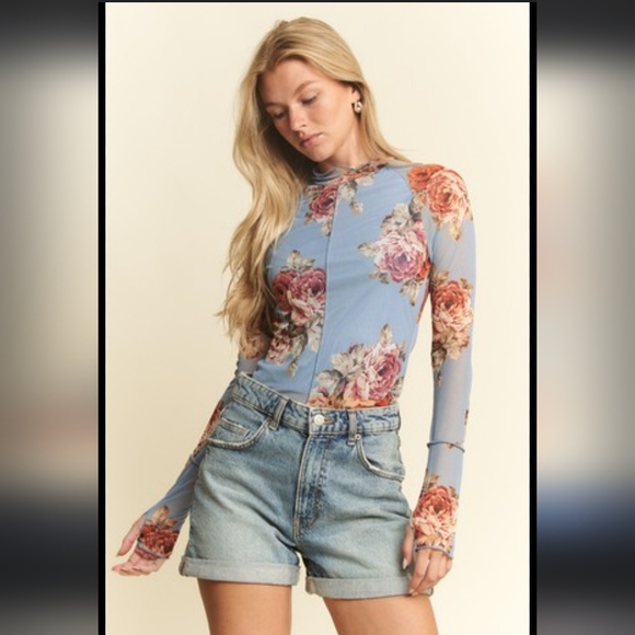 Tops | Jade By Jane Blue Floral Mesh Top Womens L Boho Peasant Hippie ...